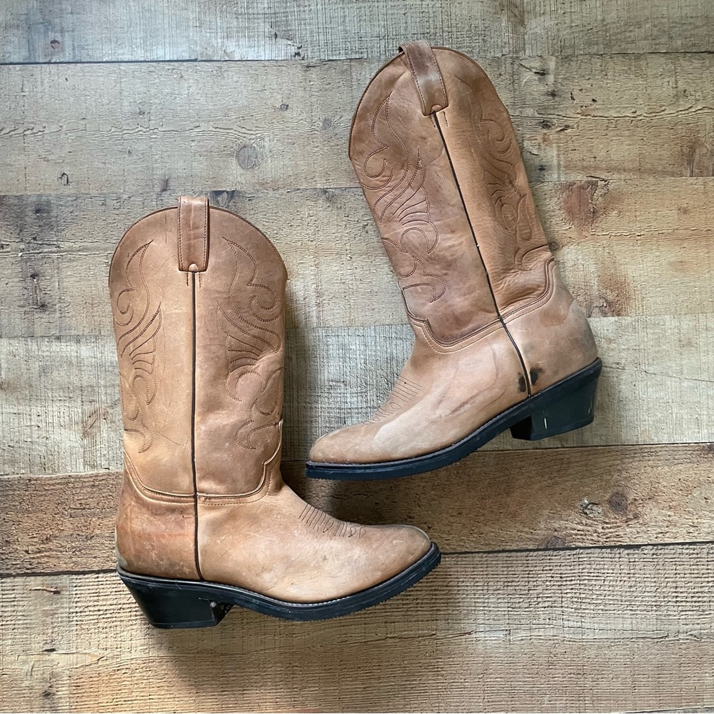 Western Cowboy Leather Boots Classic Natural Tan Mens… - Gem